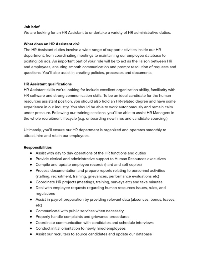 HR Assistant Job Description & Duties | PDF | Human Resources | Human ...