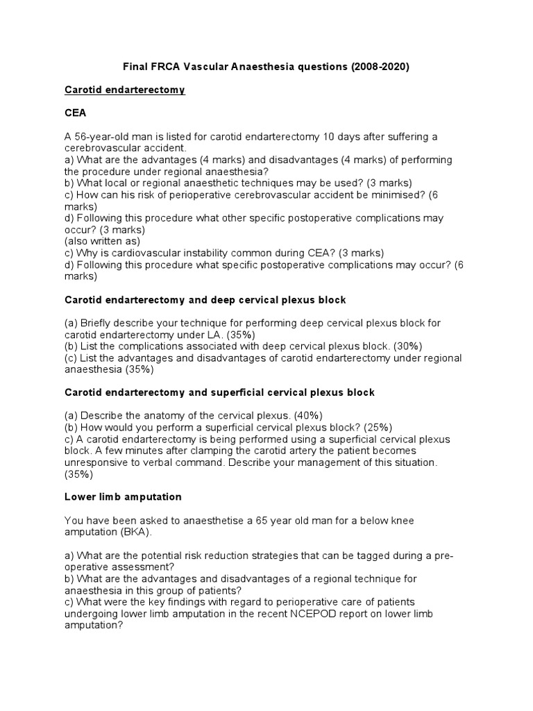 Final FRCA Vascular Anaesthesia Questions | PDF | Anesthesia | Surgery