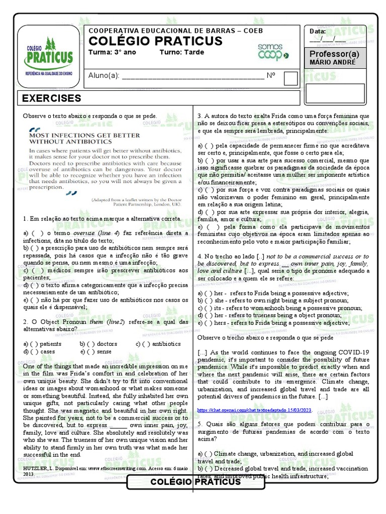 EXERCICIO 3° ANO (16-03-2023) - Personal Pronouns and Adverbs of Frequency XXXXX | PDF