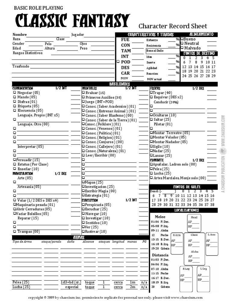 BRP Classic Fantasy Hoja Personaje | PDF | Entretenimiento