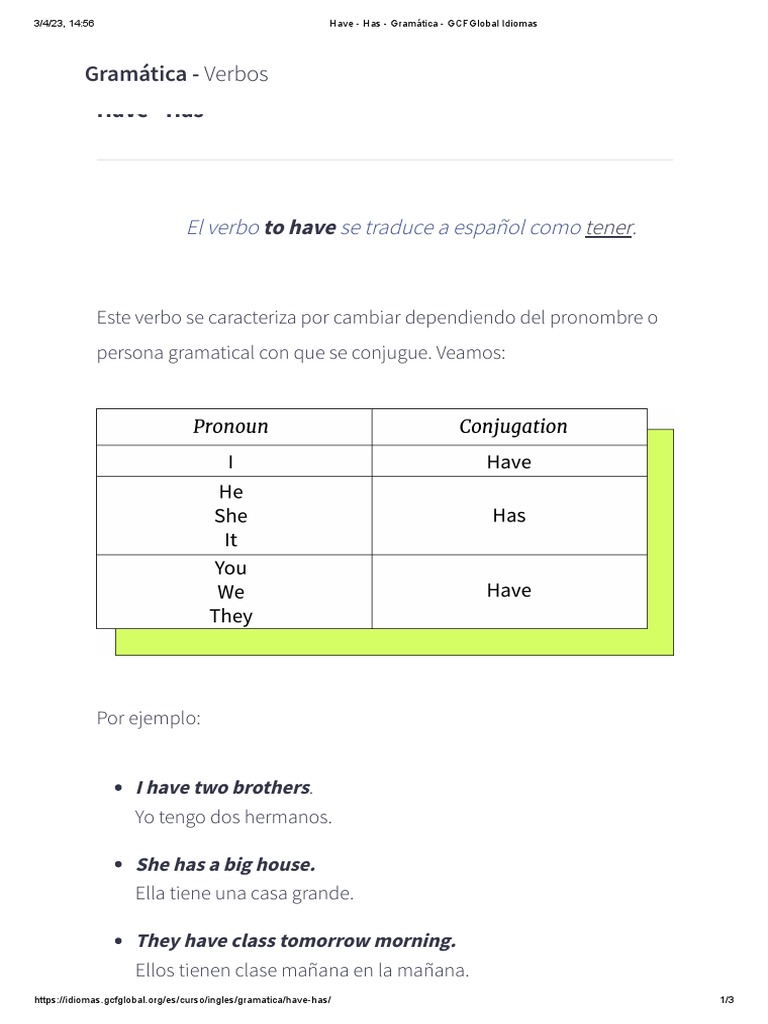 Explicación detallada de la conjugación del verbo to have en inglés y ...