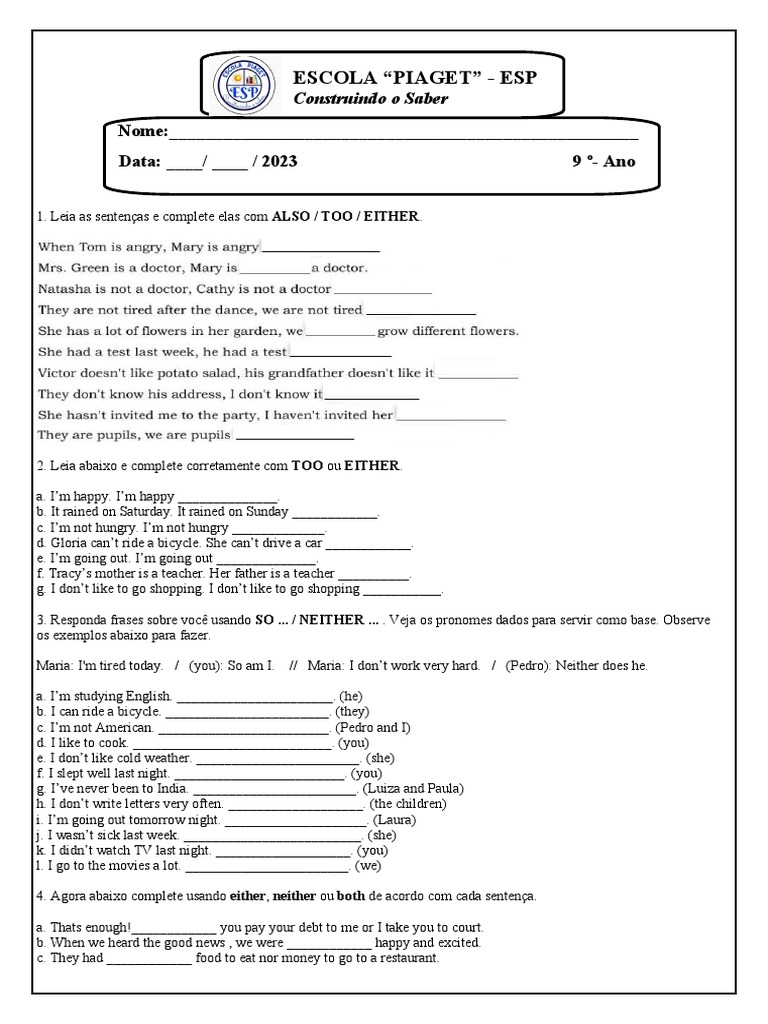 EXERCICIO 9 ANO (Also-Too-Neither-Either-So-Both-Each-Every) Ok | PDF ...