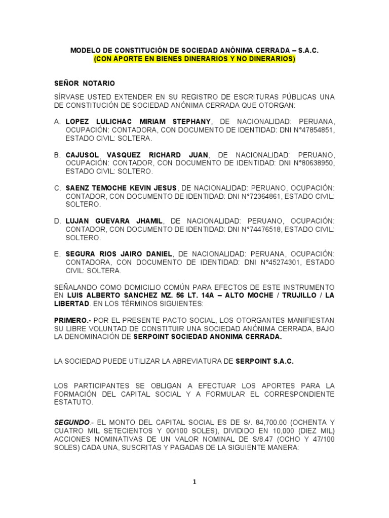 Modelo de Constitución de Sociedad Anónima Cerrada - S.A.C. (Con Aporte en Bienes Dinerarios Y ...