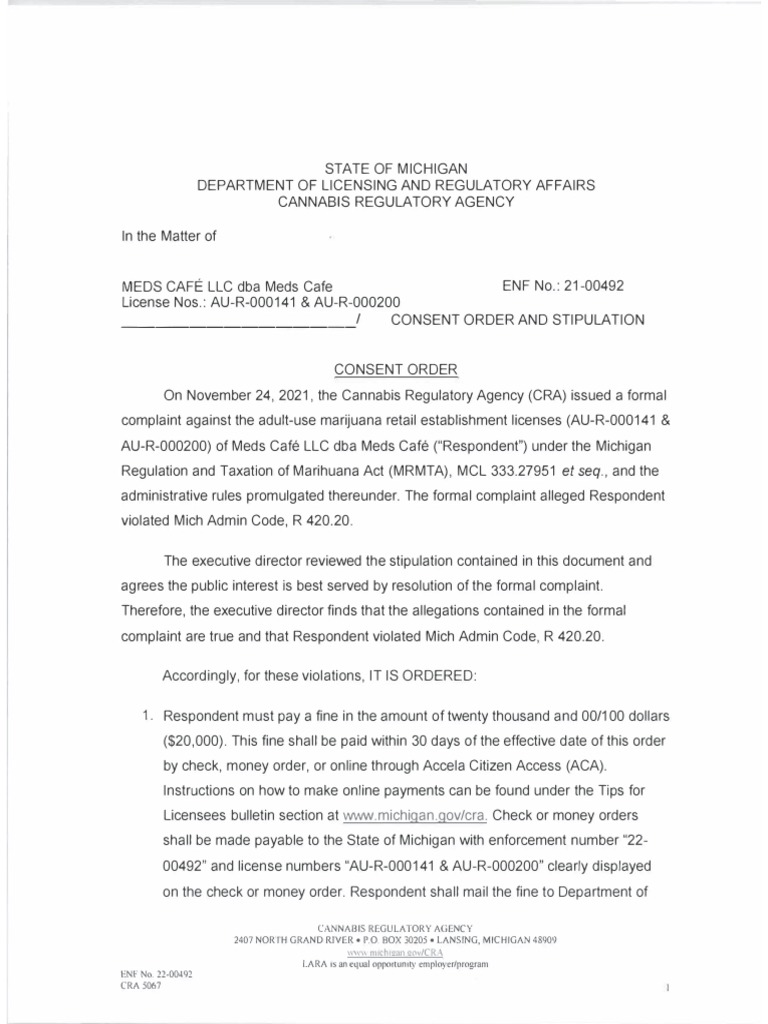 Meds Cafe LLC AUR000141 AUR000200 Consent Order and Stipulation and ...