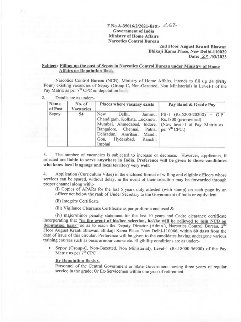 54 Sepoy Posts Advt Details Application Form NCB | PDF
