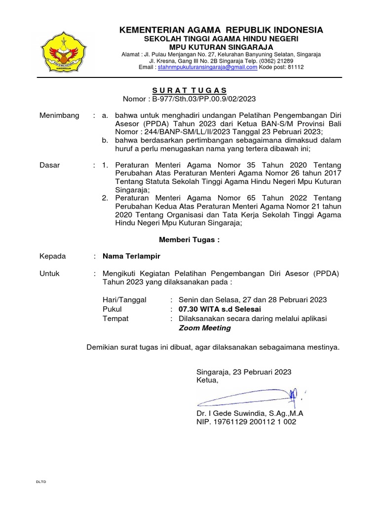 SURAT TUGAS 977 Mengikuti Kegiatan Pelatihan Pengembangan Diri Asesor (PPDA) Tahun 2023 27-28 ...