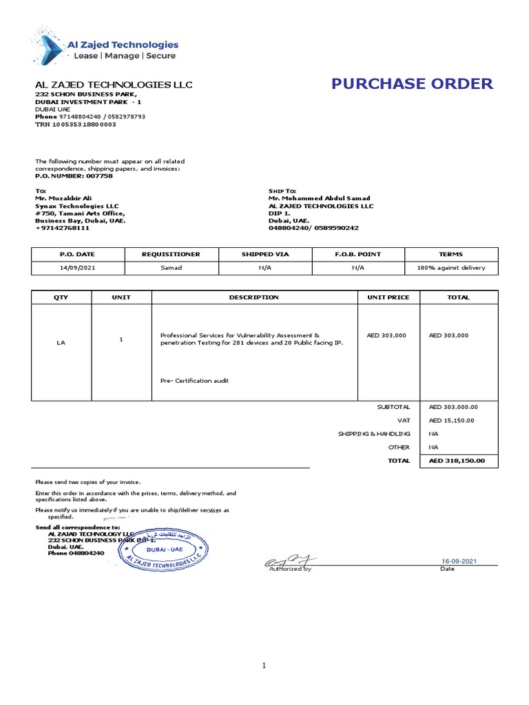 AZT Purchase Order Synax - 07758 | PDF