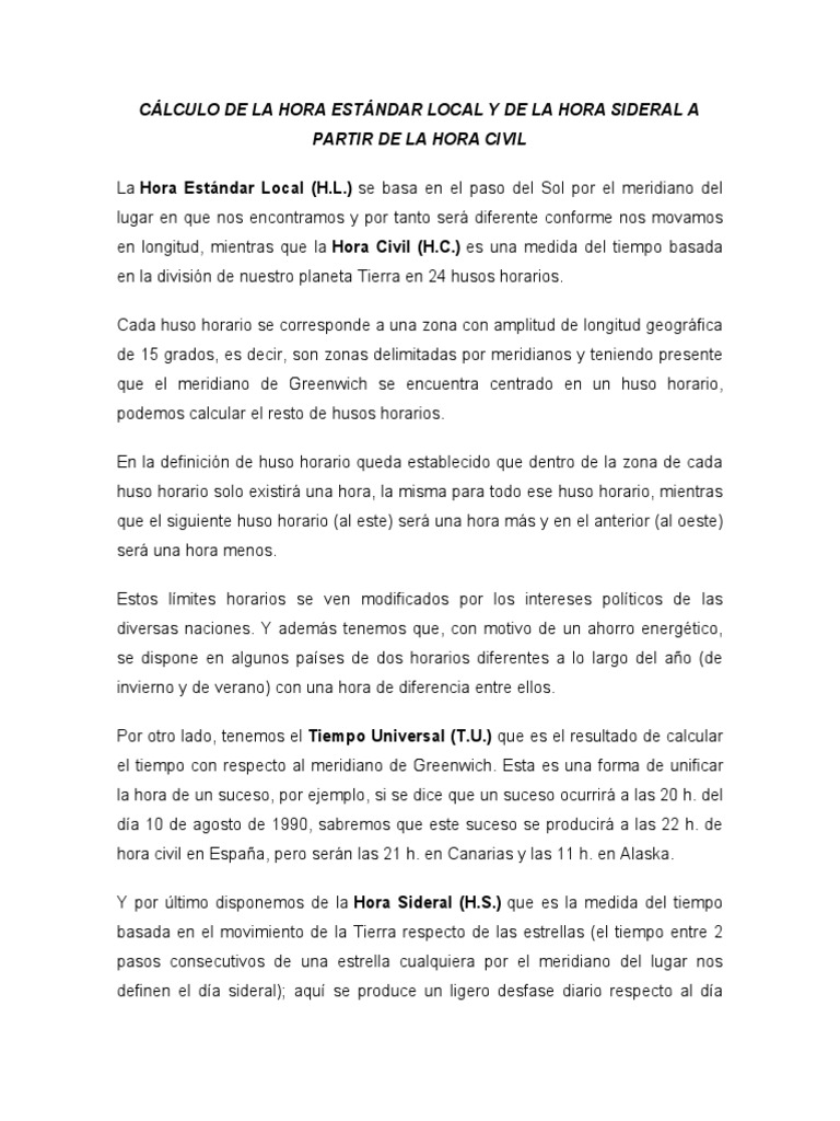 Cálculo de Hora Estándar y Sideral | PDF | Métodos y materiales de ...