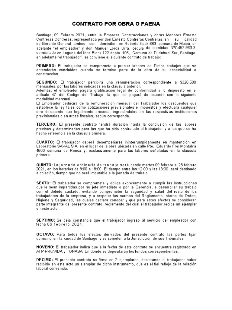 Contrato Por Obra O Faena | PDF