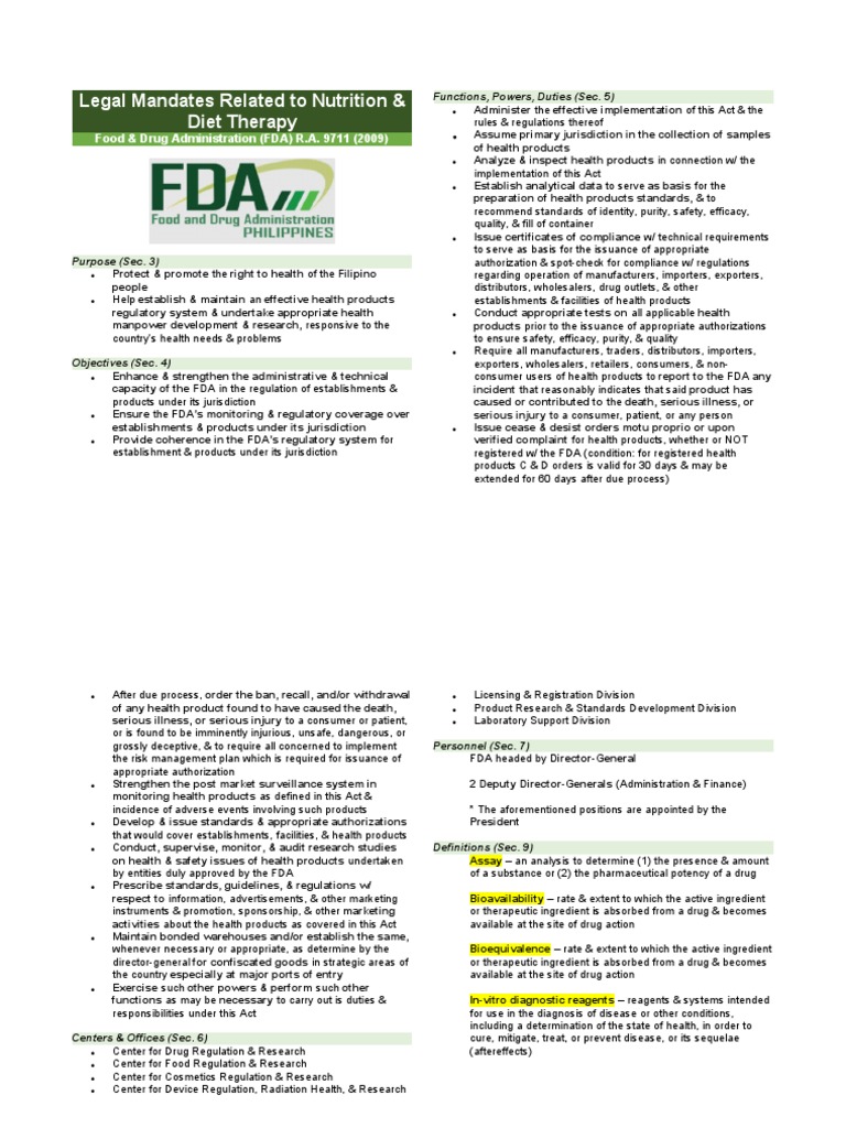 Nutrition and Diet Therapy Legal Mandates | PDF | Food And Drug ...