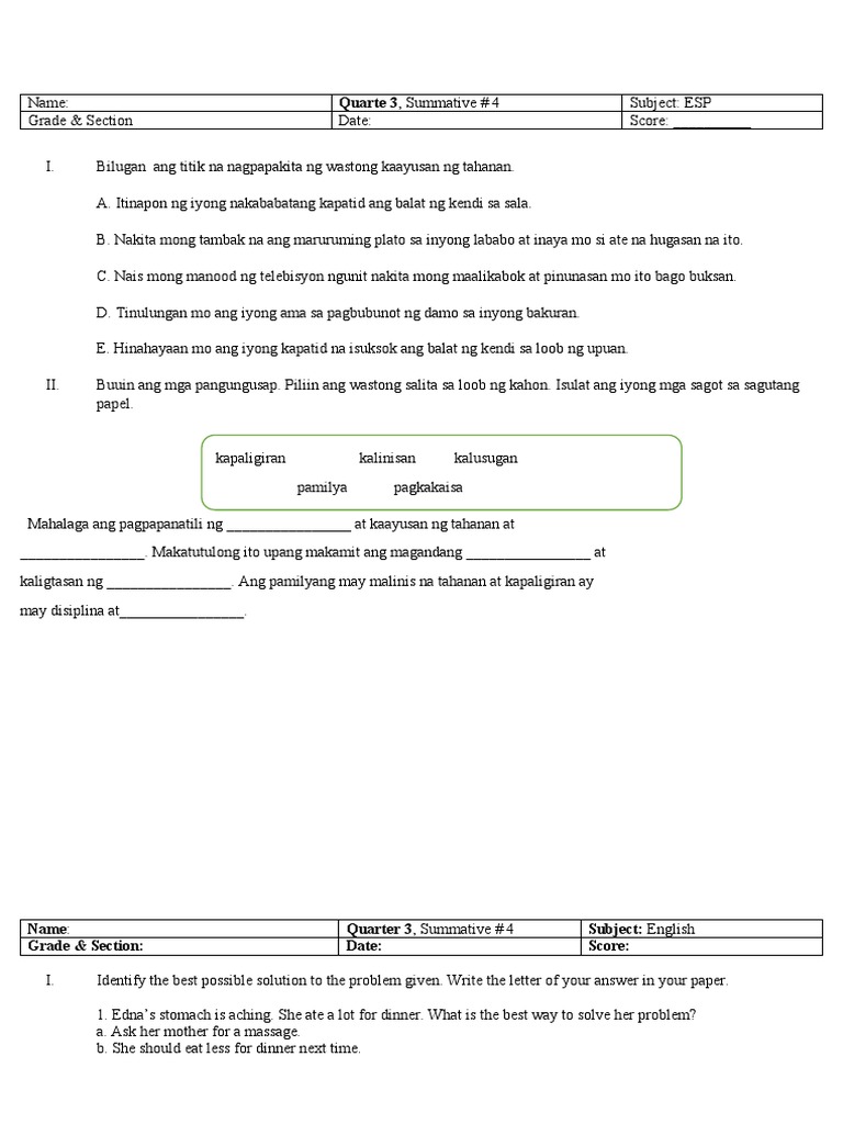 Quiz For Grade 4 | PDF