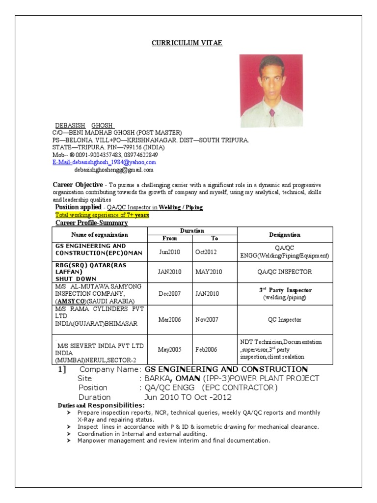 Qa-Qc, Piping, Welding, Inspector CV | PDF | Pipe (Fluid Conveyance ...
