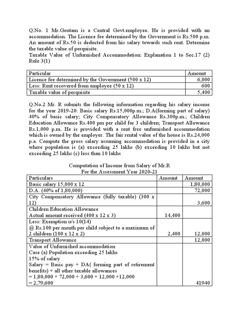 Numerical Problems On Salary 1 | PDF | Employee Benefits | Salary
