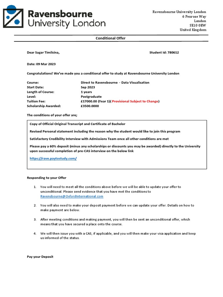 Ravensbourne Conditional Offer Sagar Timilsina 780612 | PDF | Business