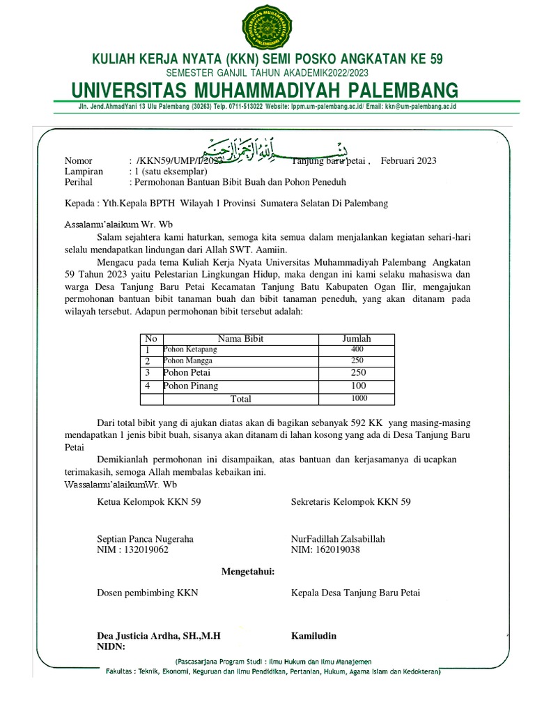 Surat Permohonan Bibit Tanaman KKN 59-1 | PDF