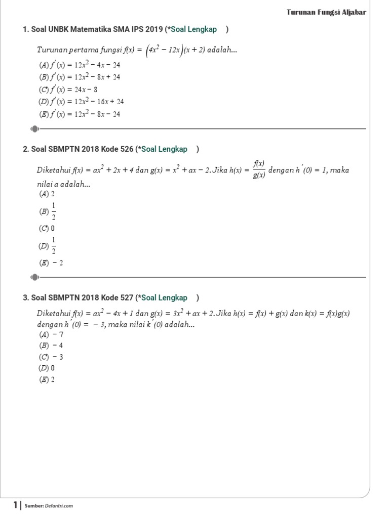 Turunan Fungsi Aljabar Soal | PDF