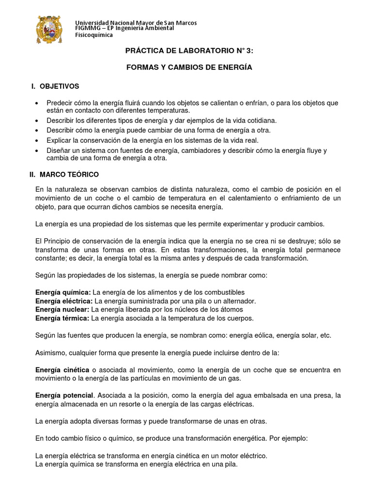 Práctica de Laboratorio N 3: Formas Y Cambios de Energía | PDF | Temperatura | Química Física