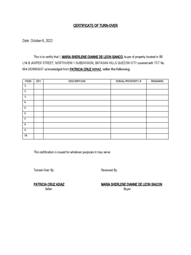 Certificate of Turn-Over | PDF