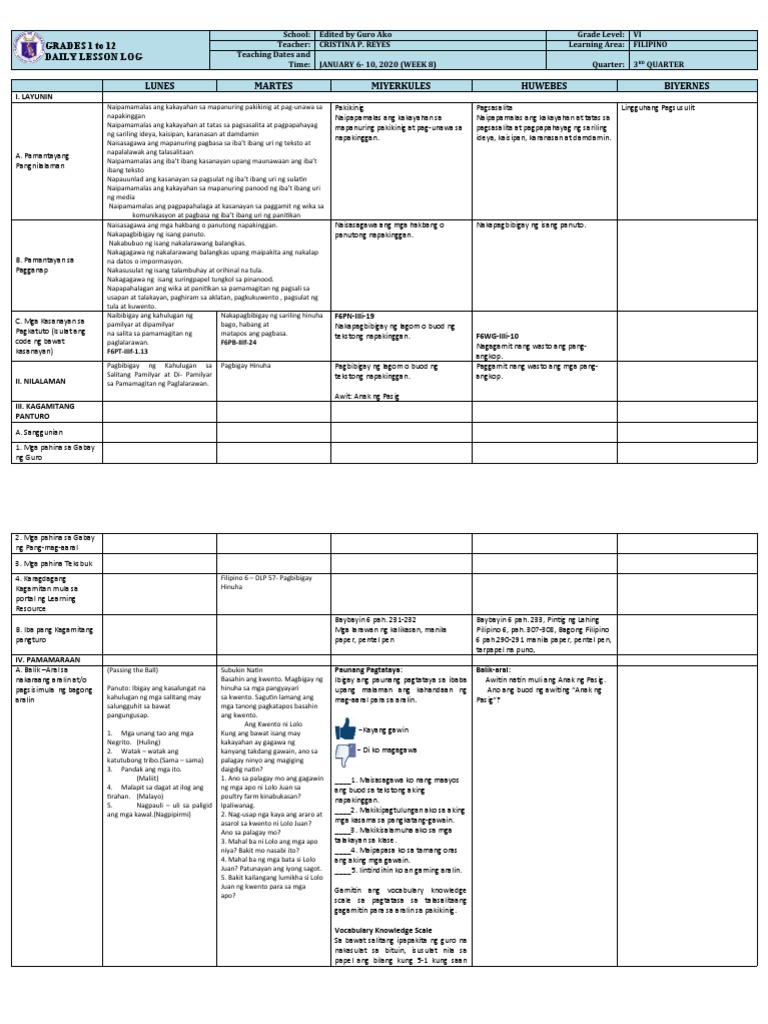 DLL_FILIPINO 6_Q3_W8 | PDF
