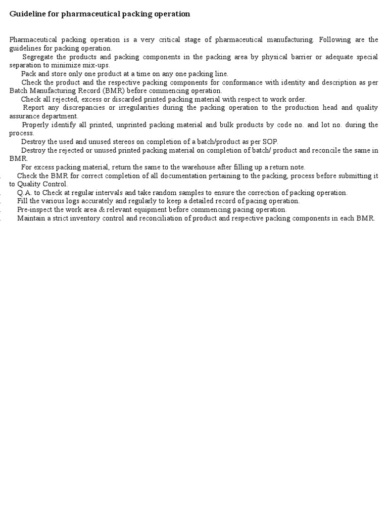 Guideline For Pharmaceutical Packing Operation | PDF