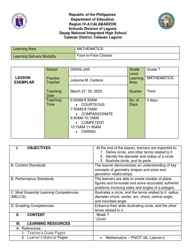 Math7 Detailed Le Q3 W7 Pdf Circle Angle