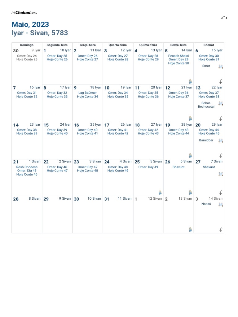 May, 2023 - Iyar - Sivan, 5783 - Calendário Judaico | PDF