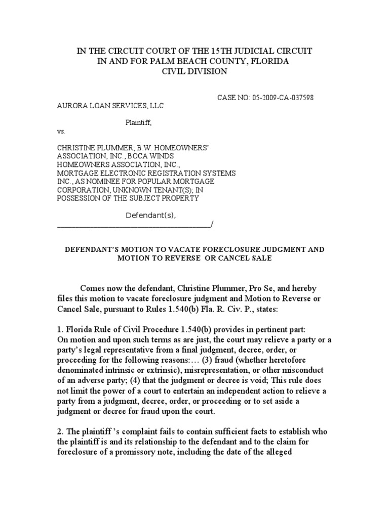 Motion To Vacate Judgement and Motion To Reverse or Cancel Sale | PDF ...