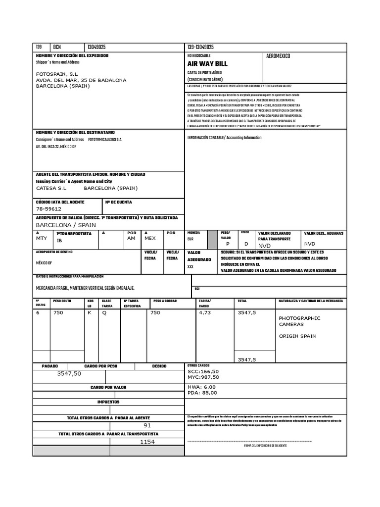 Modelo de Air Waybill Awb o Conocimiento Aereo | PDF | Industrias de servicio | Transporte