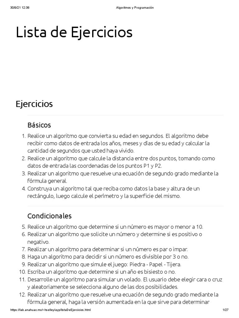 Lista Ejercicios Algoritmos | PDF | Matriz (Matemáticas) | Algoritmos