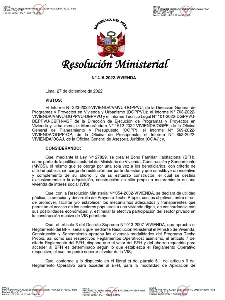 RM 415-2022-Vivienda Valor BFH Avn 2023 PDF | PDF | Inflación | Ahorro