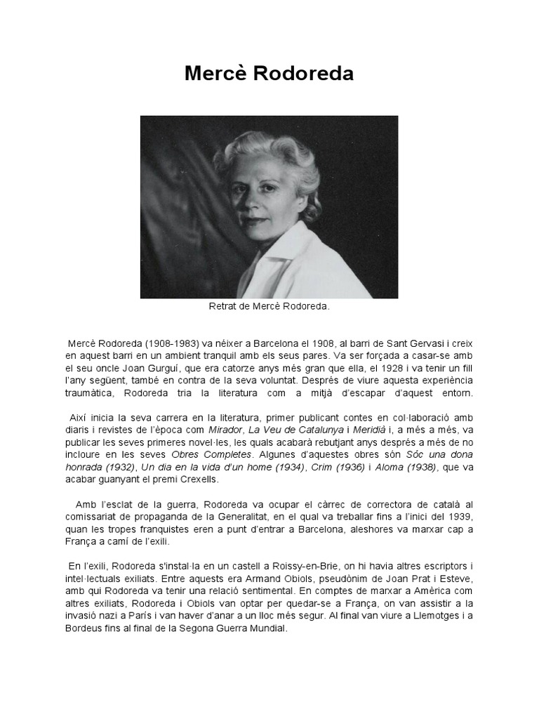 Mercè Rodoreda: Honrada (1932), Un Dia en La Vida D'un Home (1934 ...