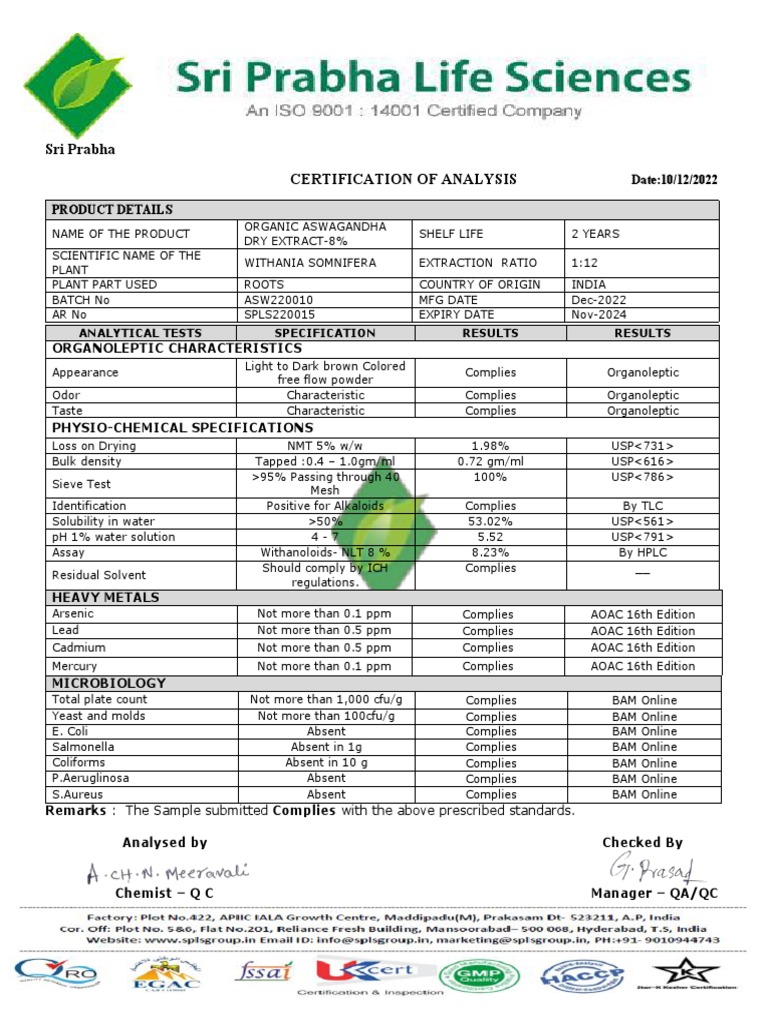 Organic Ashwagandha Extract Analysis | PDF | Analytical Chemistry ...