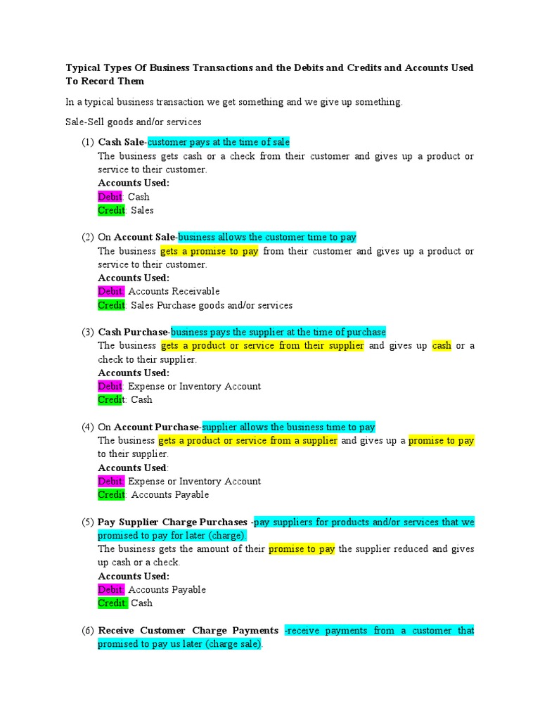 Typical Types of Business Transactions and The Debits and Credits and ...