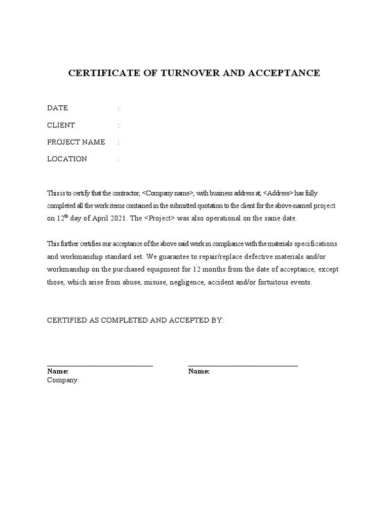Certificate of Turnover and Acceptance | PDF | Business | Technology ...