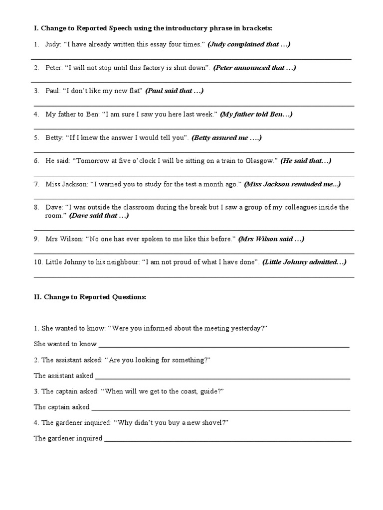 Reported Speech and Questions Exercises | PDF