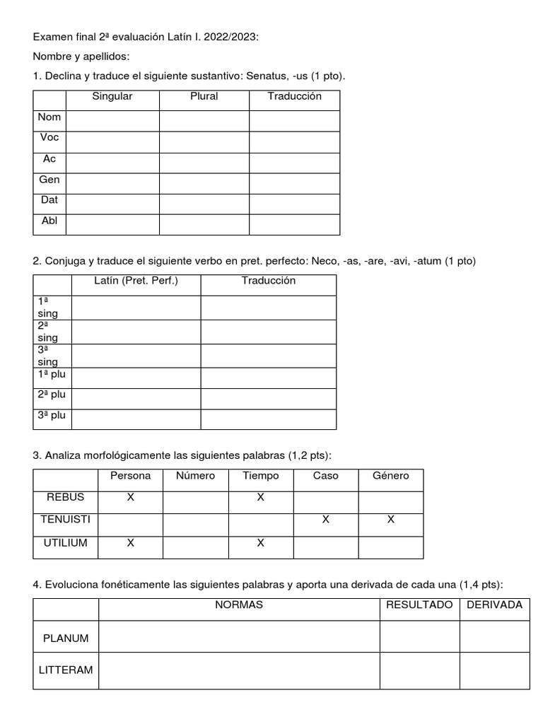 Examen Final 2 Evaluación Latín I | PDF
