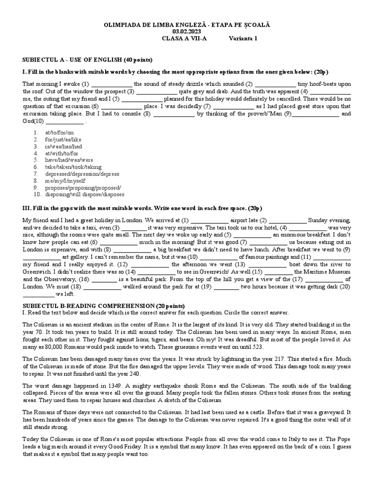 Subiecte Olimpiada Clasa A Vii A | PDF