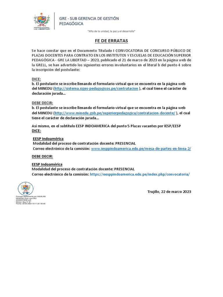 Fe de Erratas Convocatoria Docente 2023 | PDF