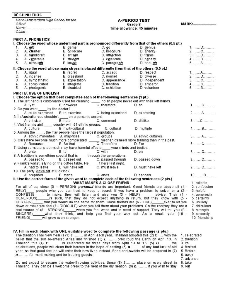 A Period Test 8E | Download Free PDF | Etiquette | Teachers