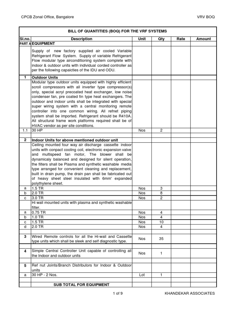 VRF Boq | PDF | Duct (Flow) | Air Conditioning