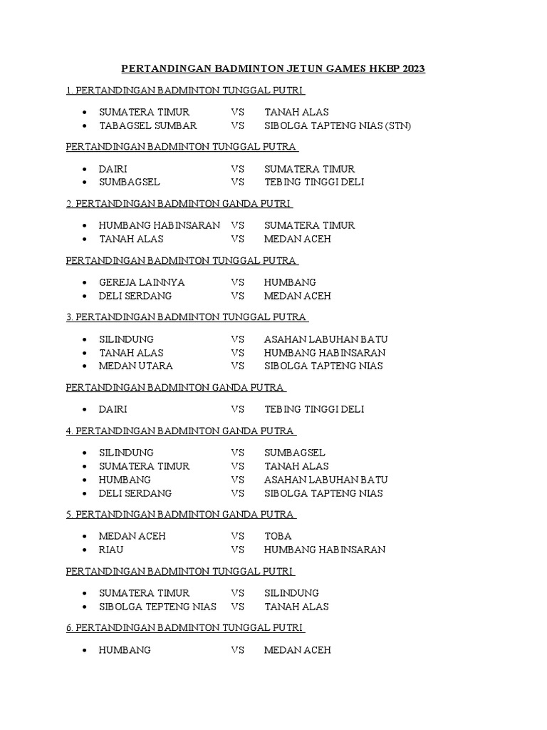 Pertandingan Badminton Jetun Games HKBP 2023 | PDF | Memasak, Makanan ...