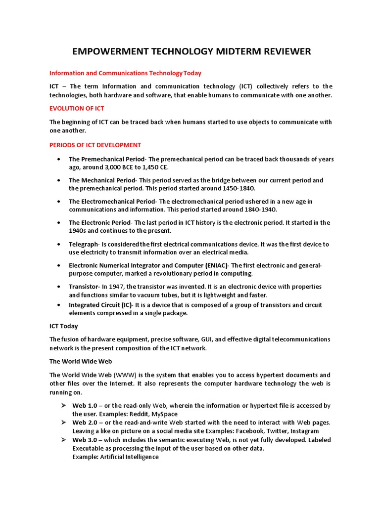 Emptech Midterm Reviewer Revised Pdf World Wide Web Internet And Web 