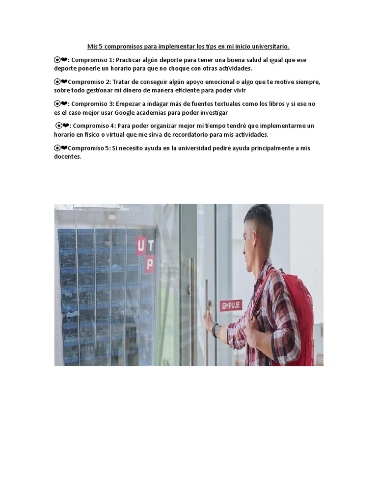 Mis 5 Compromisos para Implementar Los Tips en Mi Inicio Universitario Actividad 2 | PDF