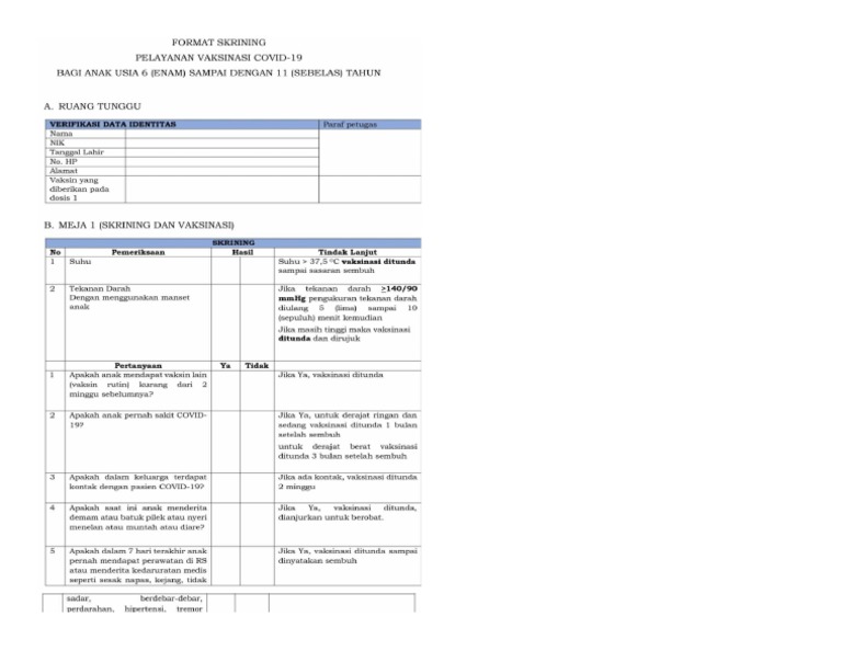 Form Skrining Anak 6-11 Tahun Letter Size | PDF