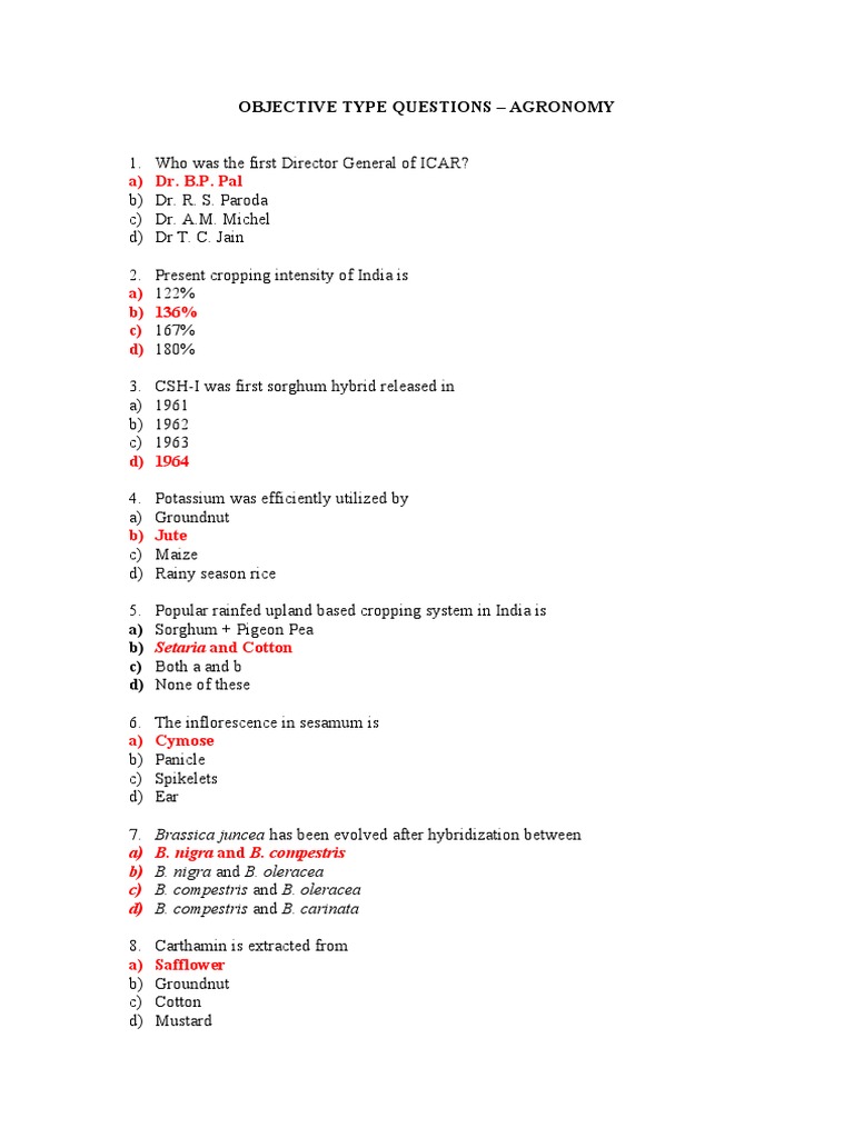 A) Dr. B.P. Pal: Objective Type Questions - Agronomy | PDF | Soil | Redox