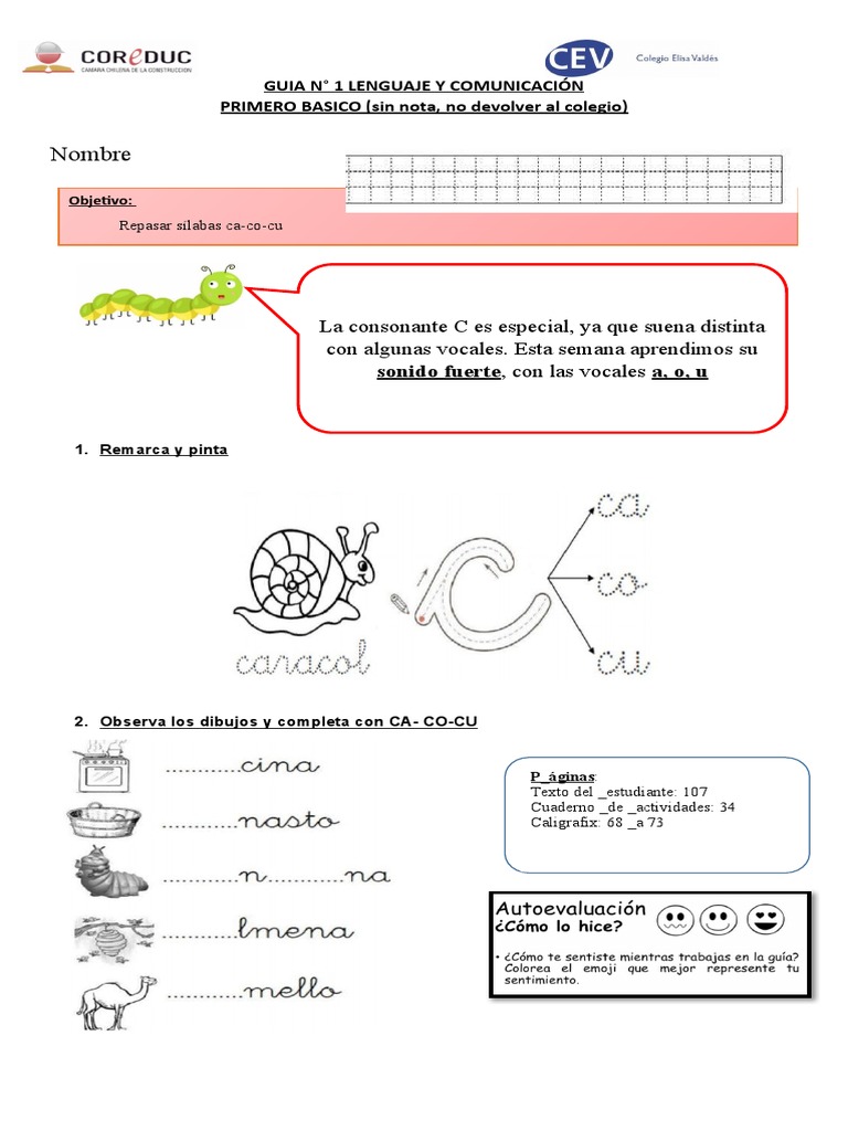 Repaso de sílabas CA-CO-CU para 1° Básico | PDF