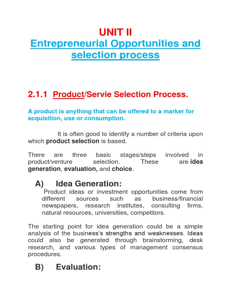 Entrepreneurial Opportunities and Selection Process: Unit Ii | PDF | Entrepreneurship ...