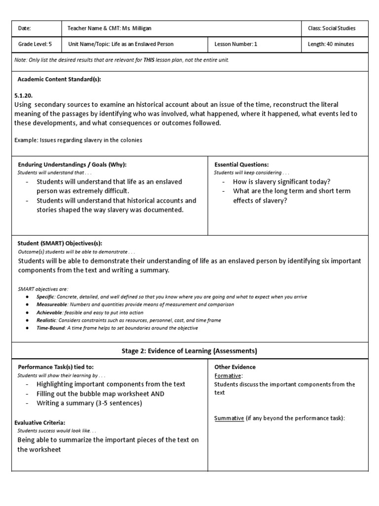 Grade 5 Lesson: Life as an Enslaved Person | PDF | Learning | Cognition