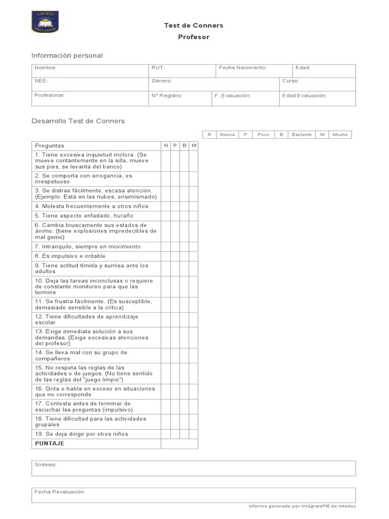Test de Conners Profesor | PDF