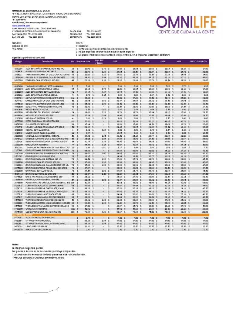 Lista de Precios EmpresarioOmnilife | PDF
